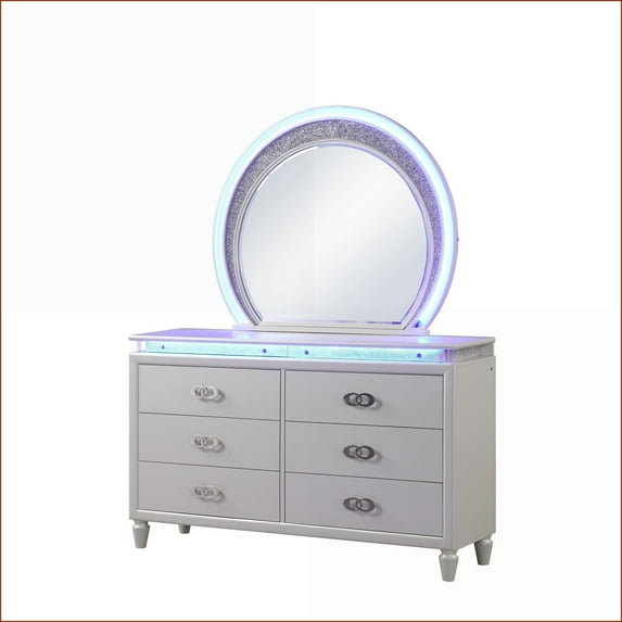 Dresser, Perla 6 Drawer with LED Lights & Jewelry Tray, Modern Milky ...