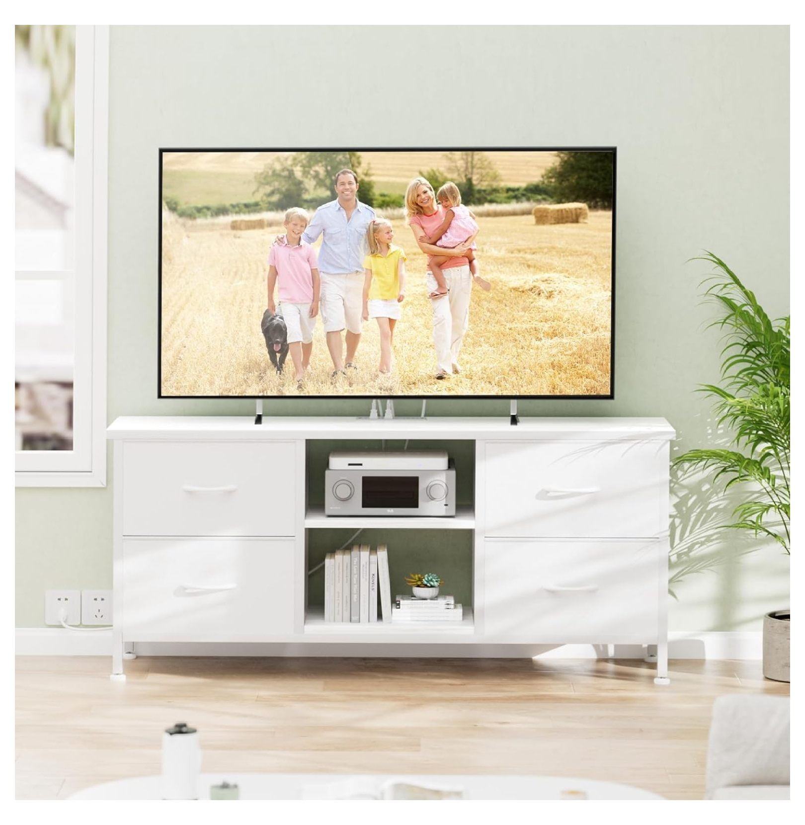 Dresser TV Stand with Power Outlet, Entertainment Center with 4 Fabric ...