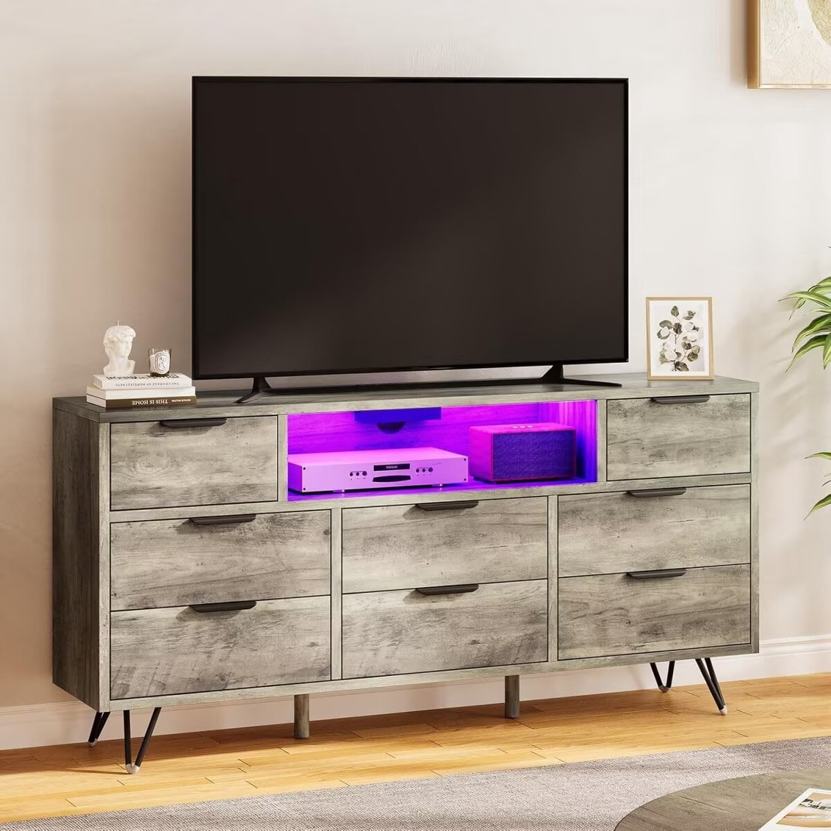 Dresser TV Stand for Bedroom, 8 Drawer Dresser with Power Outlet & LED ...