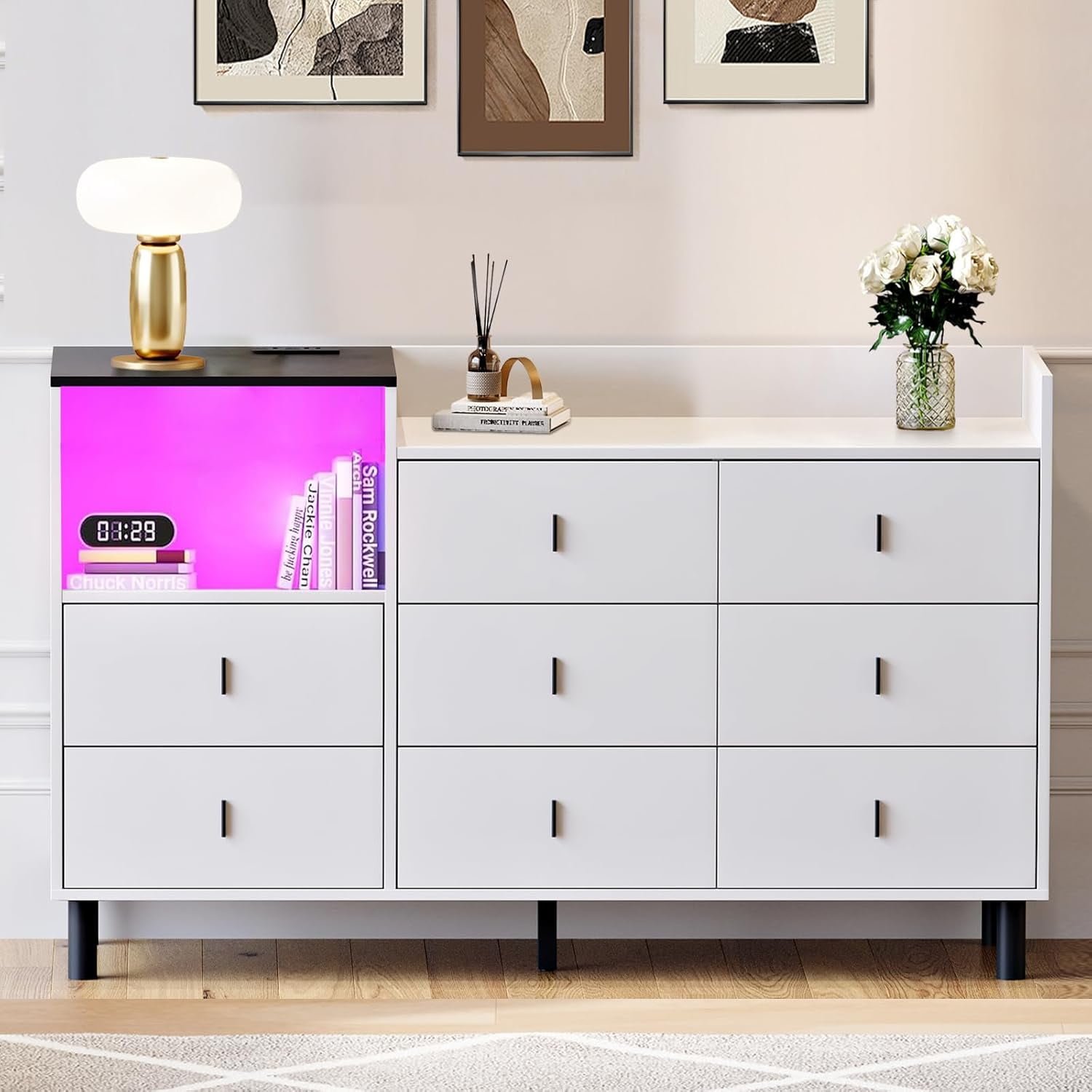 Dresser, White Dresser for Bedroom, 52 Inch Long Dresser with LED Light ...