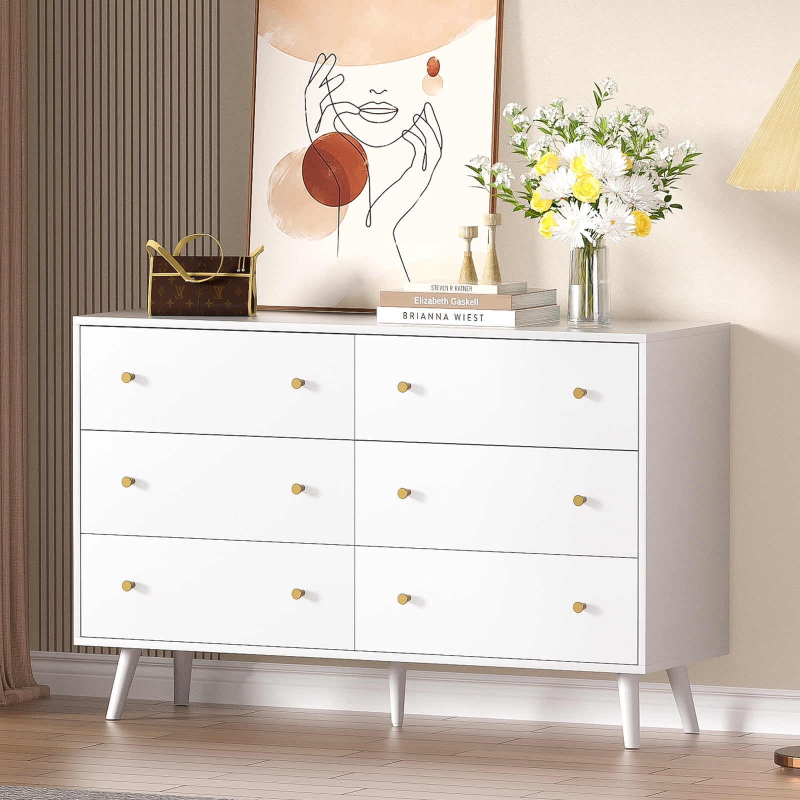 Dresser for bedroom, Modern White Dresser with 6 Drawers, Wooden Double ...