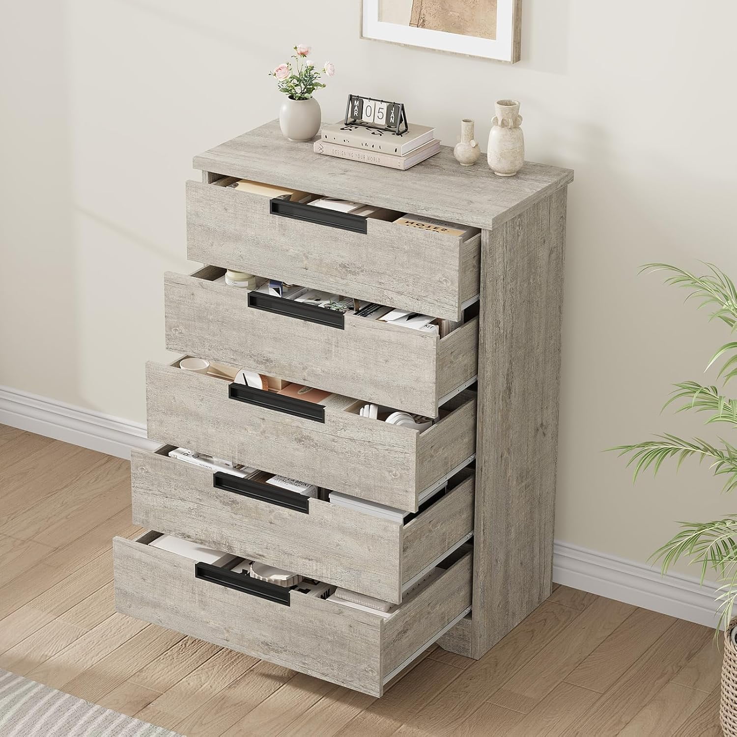 Dresser for Bedroom, 5 Drawer Chest of Drawers with Embedded Handles ...