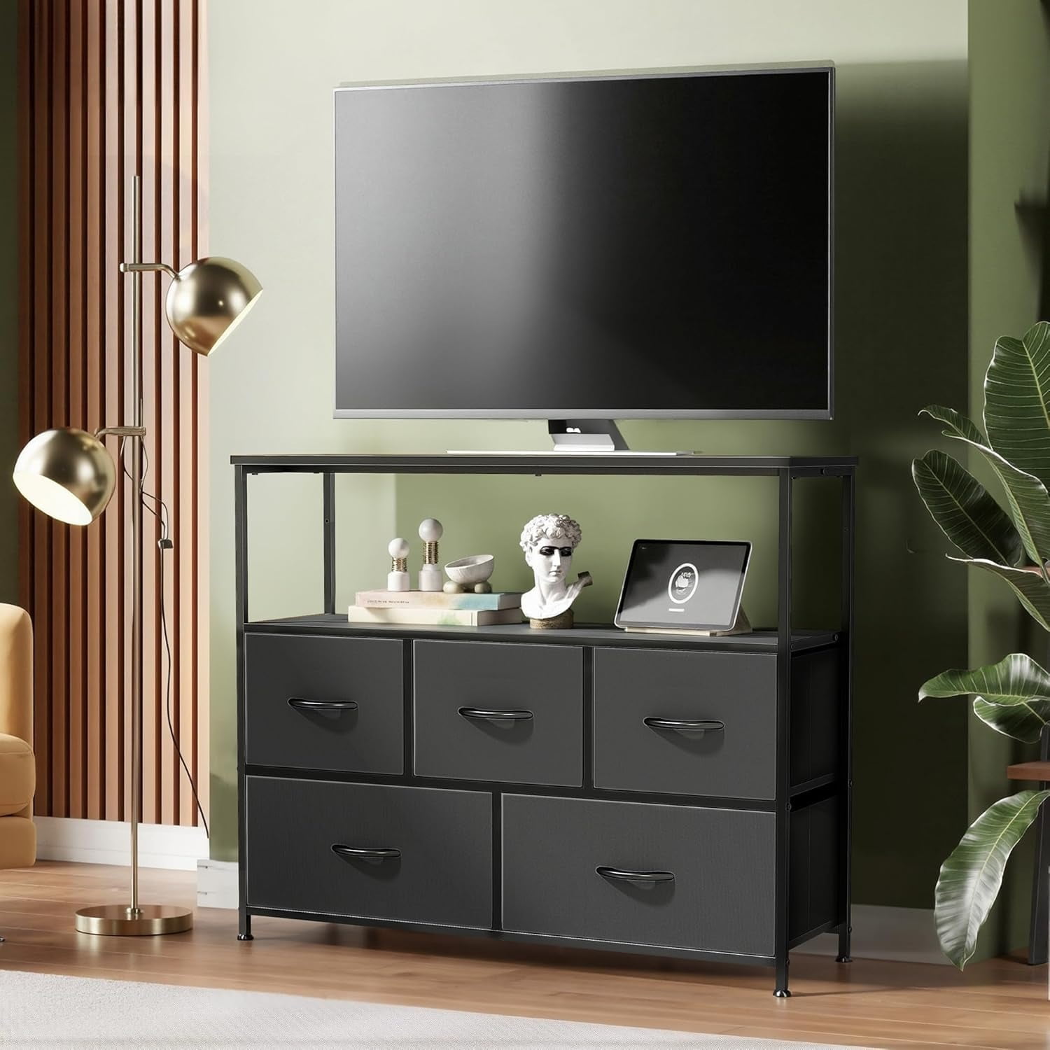 Dresser for Bedroom, 5-Drawer Fabric Storage Cabinet with Open Shelves ...