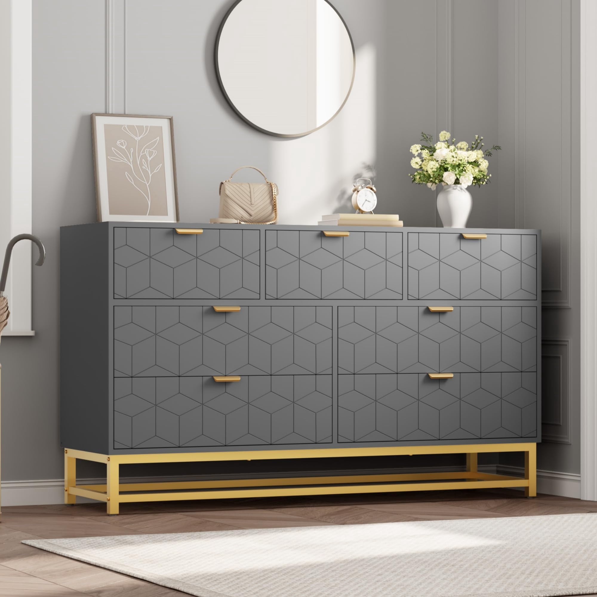 Dresser for Bedroom, 53.5" Wide Dresser Organizer, 7 Drawer with Golden ...