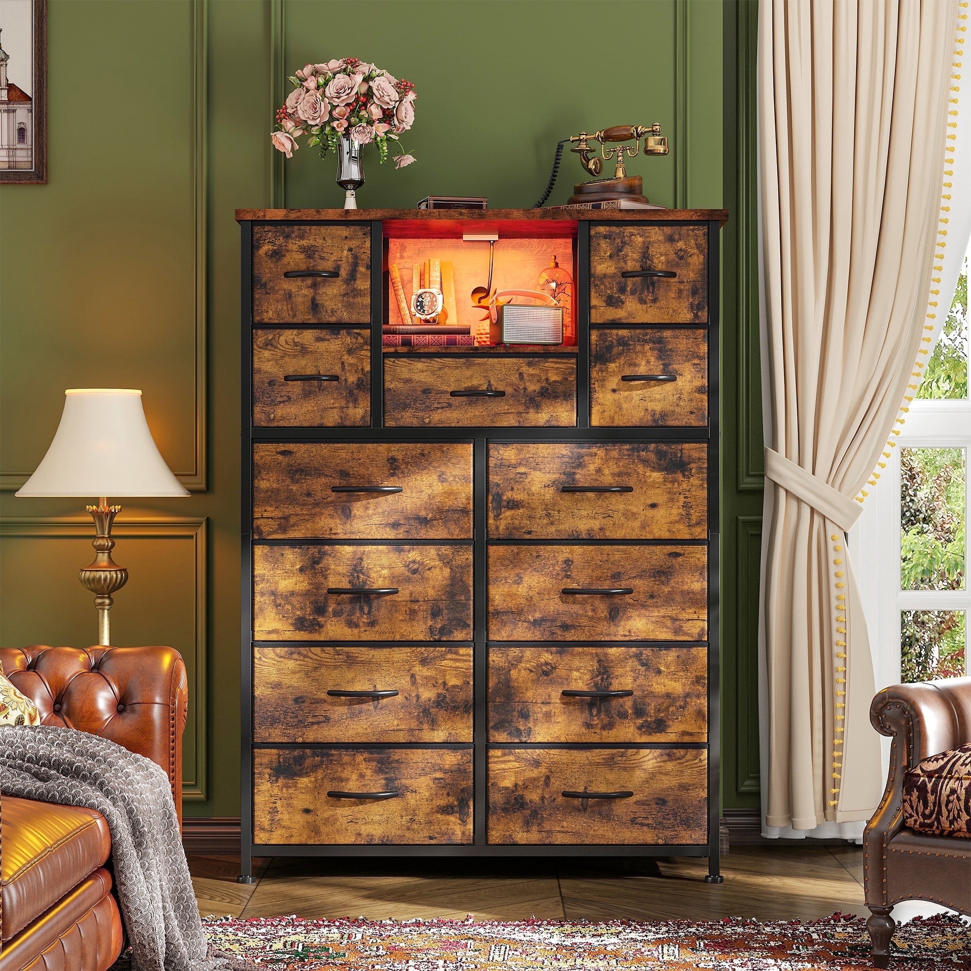 Dresser for Bedroom with 13 Fabric Drawers Tall Dresser with LED Light ...