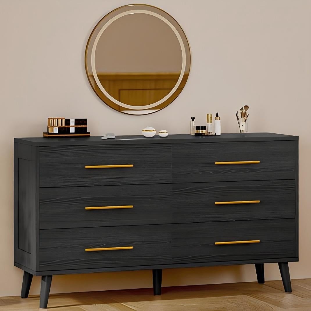 Elegant Modern Lofka 6-Drawer Double Dresser with Gold Handles, Black ...