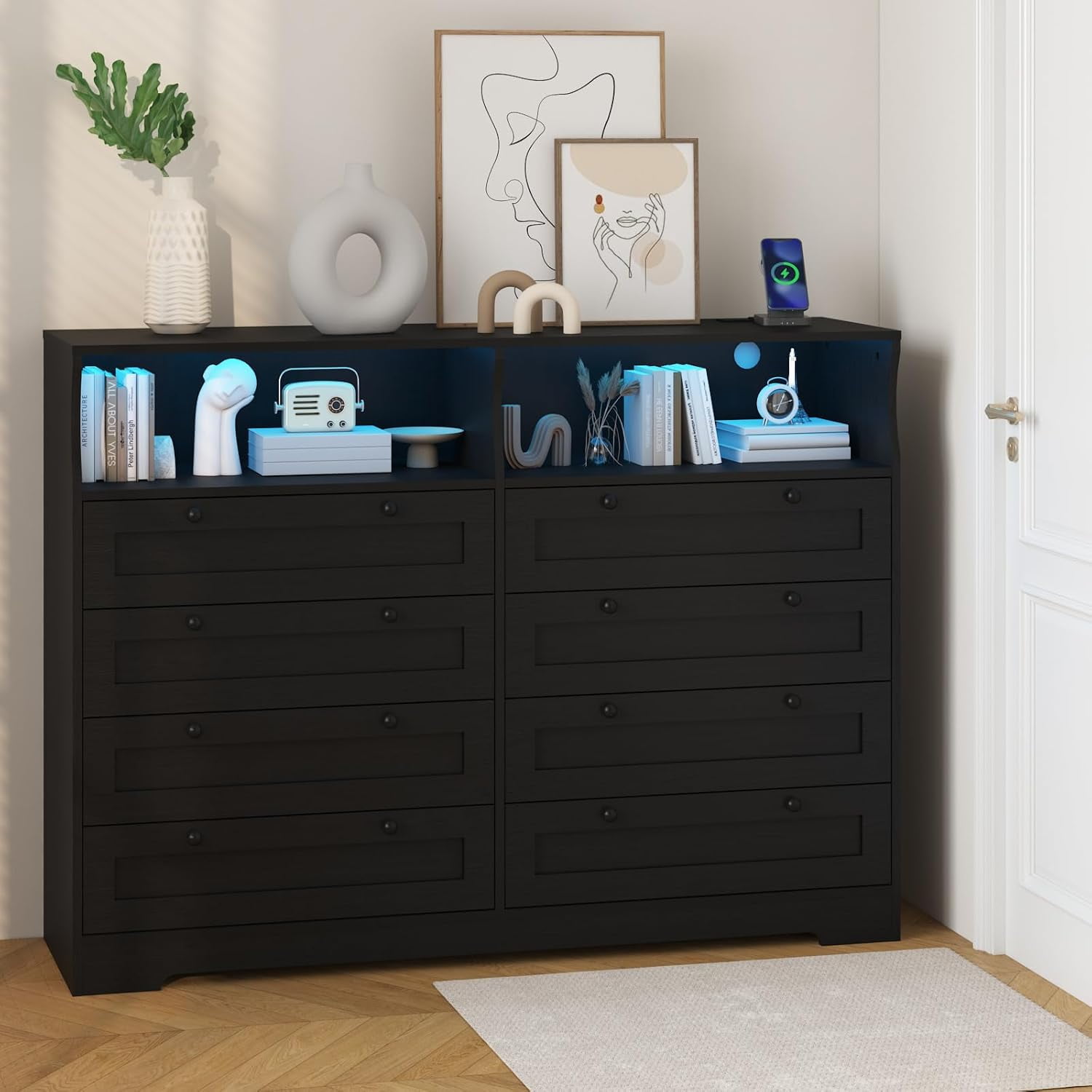 Dresser for Bedroom, TV Stand Dresser with Charging Station and LED ...