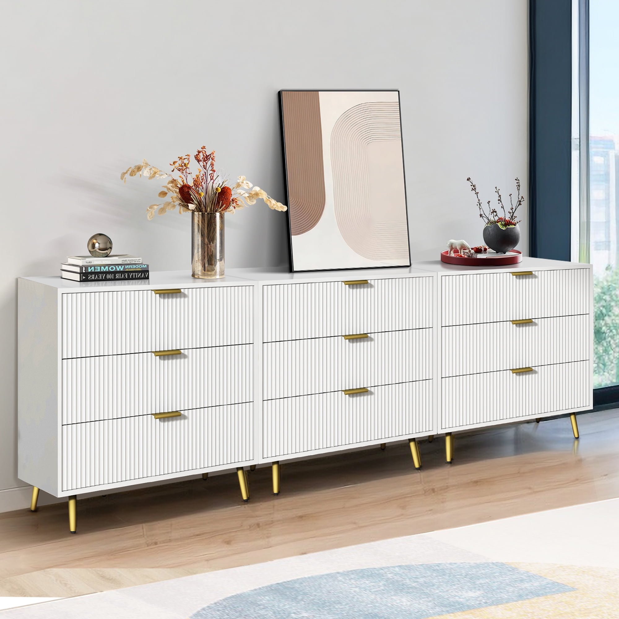 Dresser for Bedroom with 9 Storage Drawers, Fluted 9 Drawer Dresser, Modern Wood Chest of ...