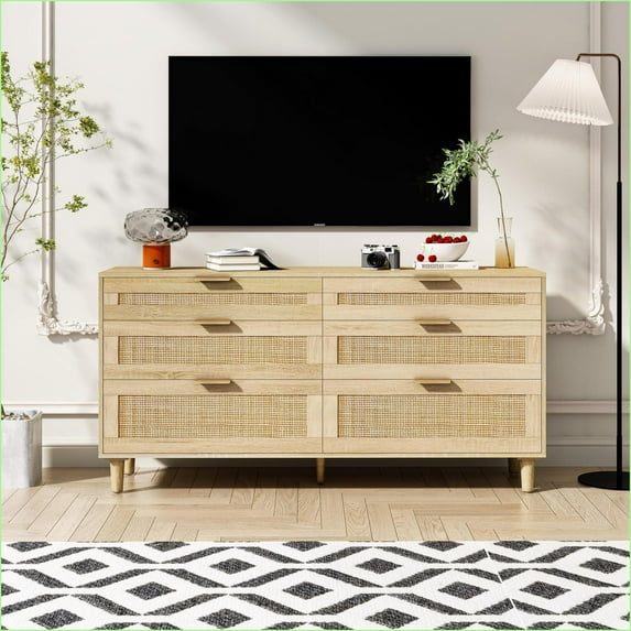 Dresser with 6 Drawers, 59” Modern Natural Rattan Chest for Bedroom ...