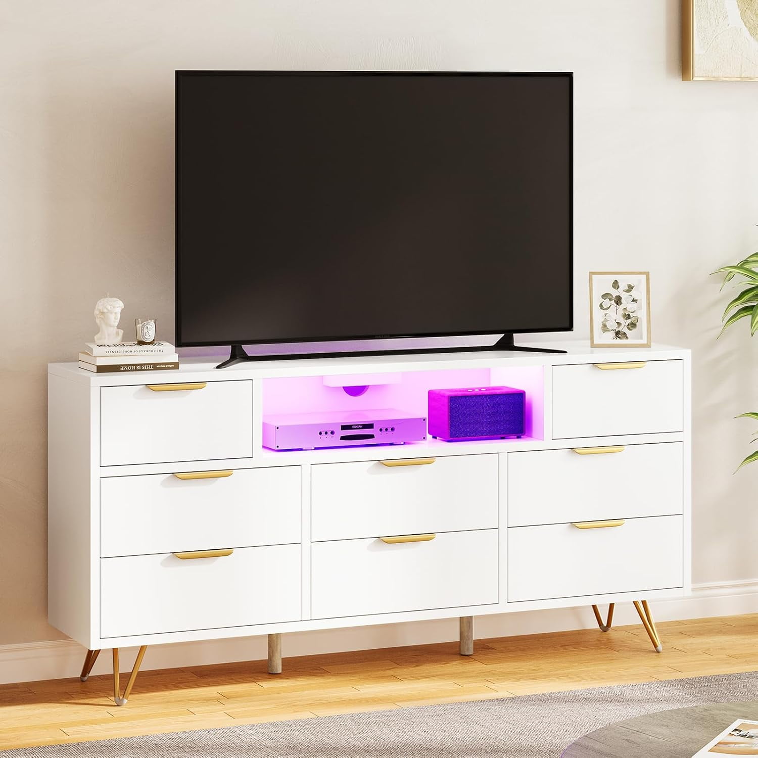 Dresser with 8 Drawer, Wood Wide Chest of Drawers with LED Light Power ...