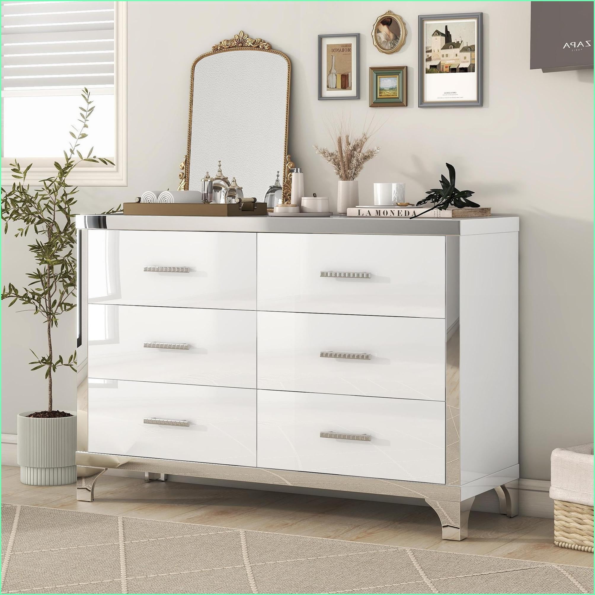 Dressers | Modern White 6-Drawer High Gloss Mirrored Dresser with Metal ...