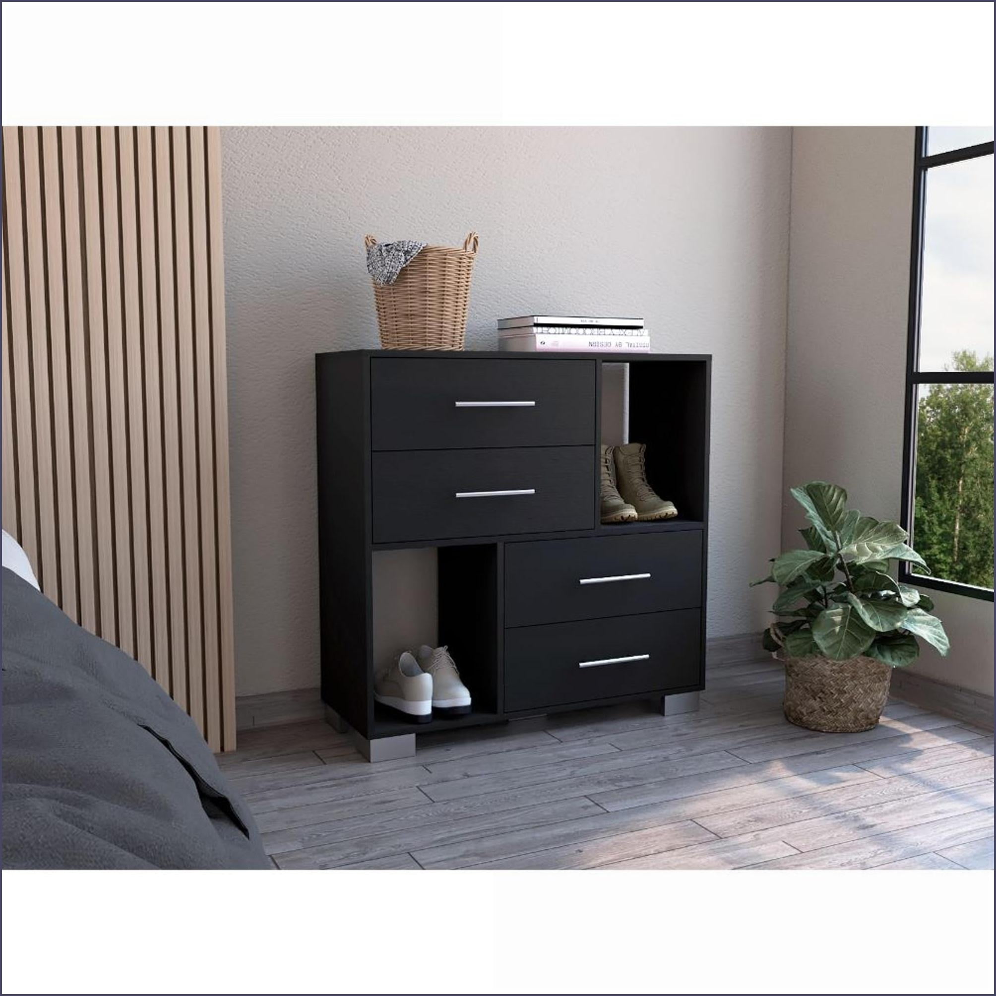 Dressers, Rustic 4-Drawer 2-Open Shelf | Particle Board | Black ...