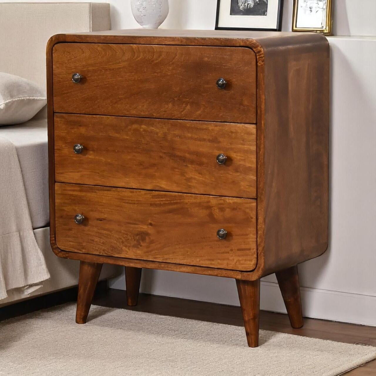 Dressers Solid Wood Mini Curved Chestnut Chest, 3-Drawer, Nordic Legs ...