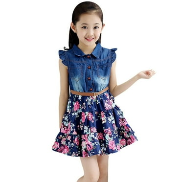 Lochas Kids Denim Floral Swing Dress with Belt for Girls 8-10 Years ...