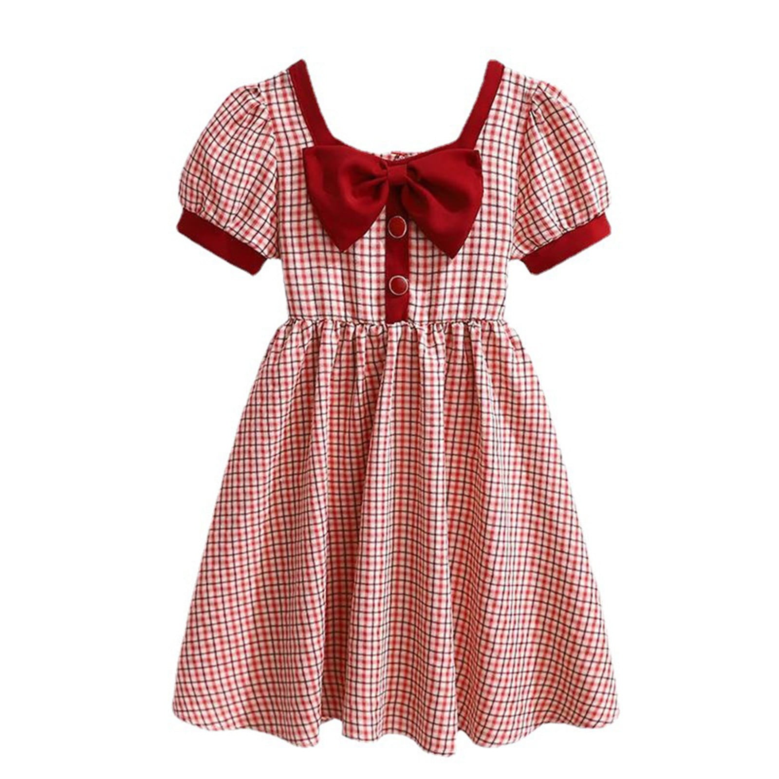Dresses For Girls Summer French Square Neck Large Bow Plaid Pattern ...