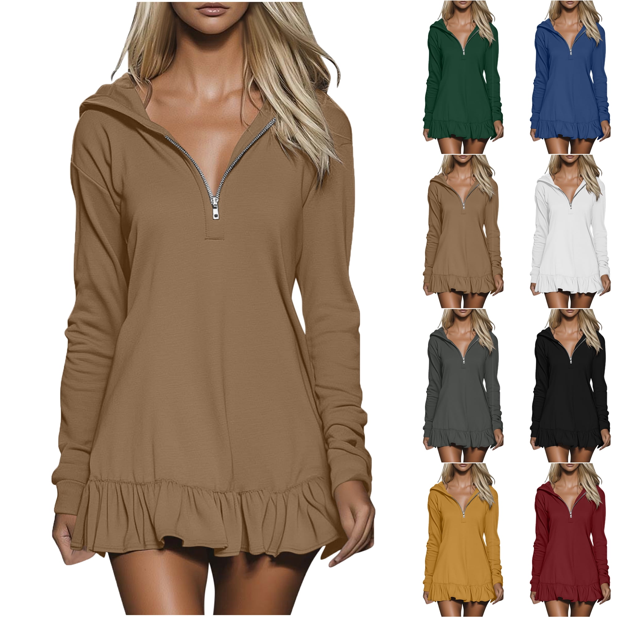 Dresses For Women Solid Color Hooded Long Sleeve Semi-Zip Neck Flared ...