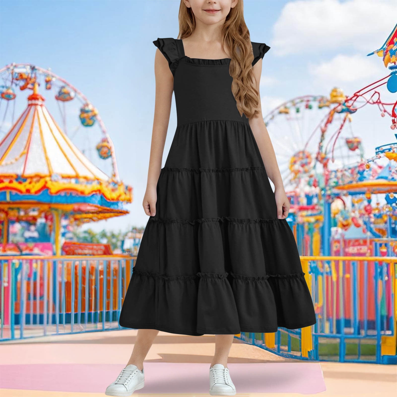 Dresses for Girls Summer Double Layer Ruffle Sleeve Casual Sundress ...