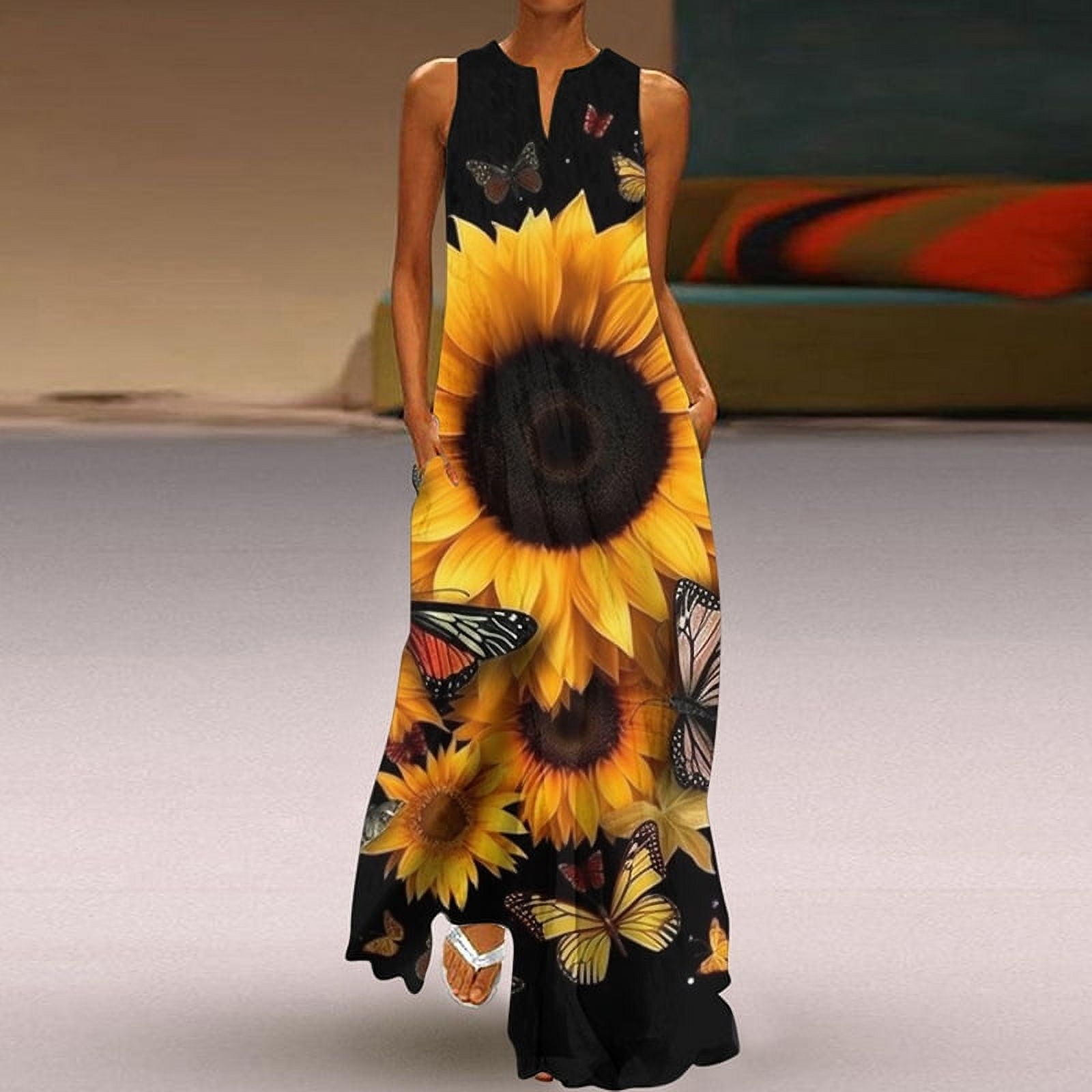 Dresses,Summer Floral Print Maxi Dress,V-Neck Sleeveless Flattering ...