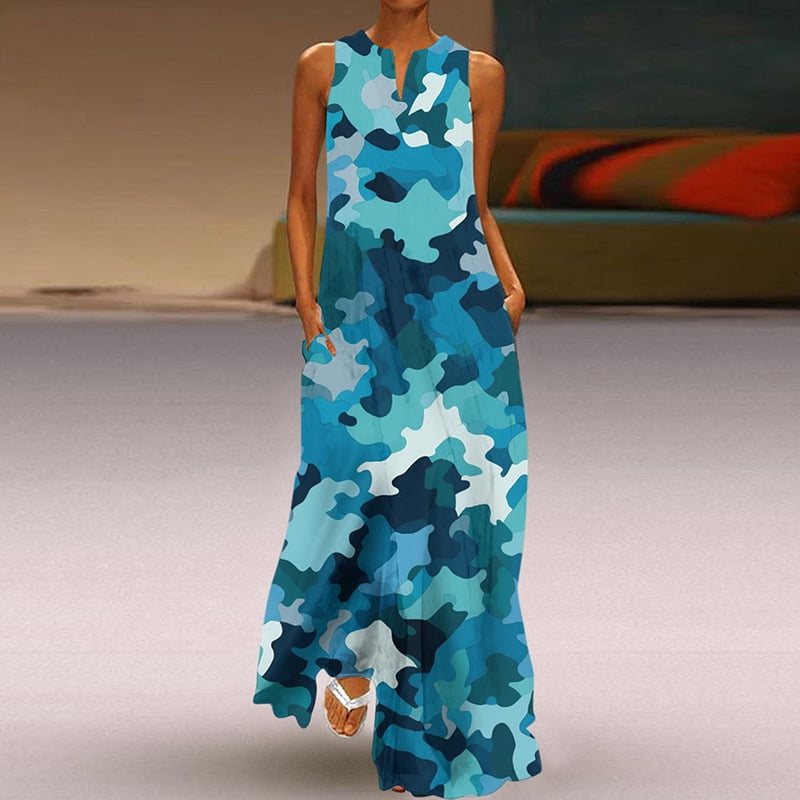 Dresses,Summer Floral Print Maxi Dress,V-Neck Sleeveless Flattering ...