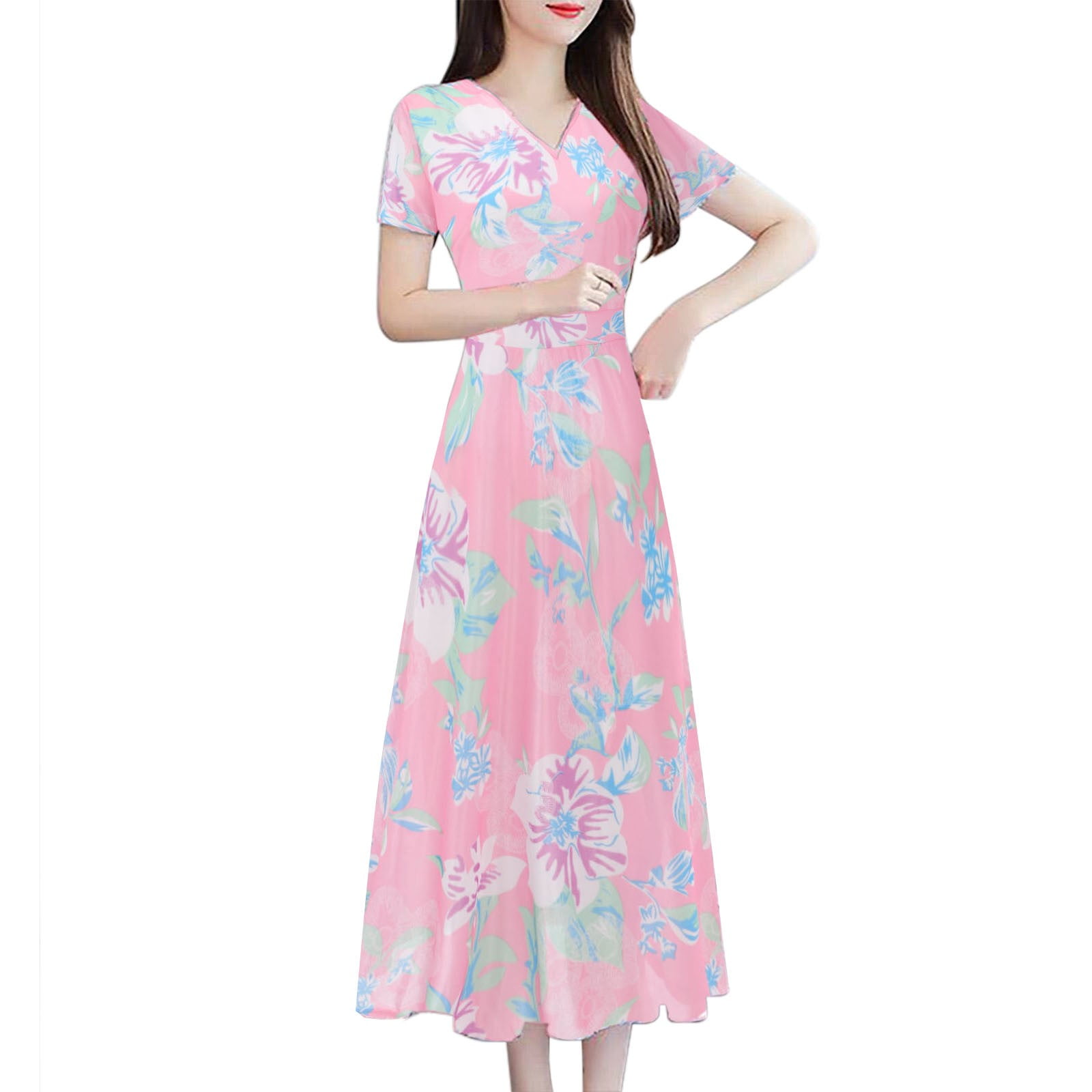 MPWEGNP Dresses Women's Floral Print Slimming with Large Swing Dress ...