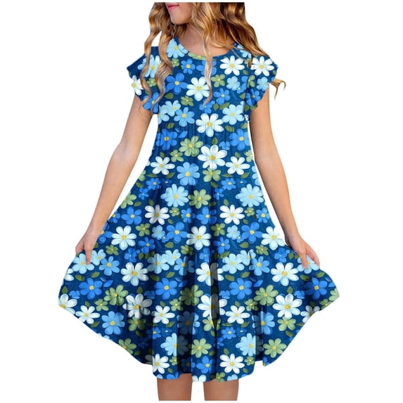 Dresses for Children Girl Flutter Sleeve Floral Print Tiered Ruffle ...