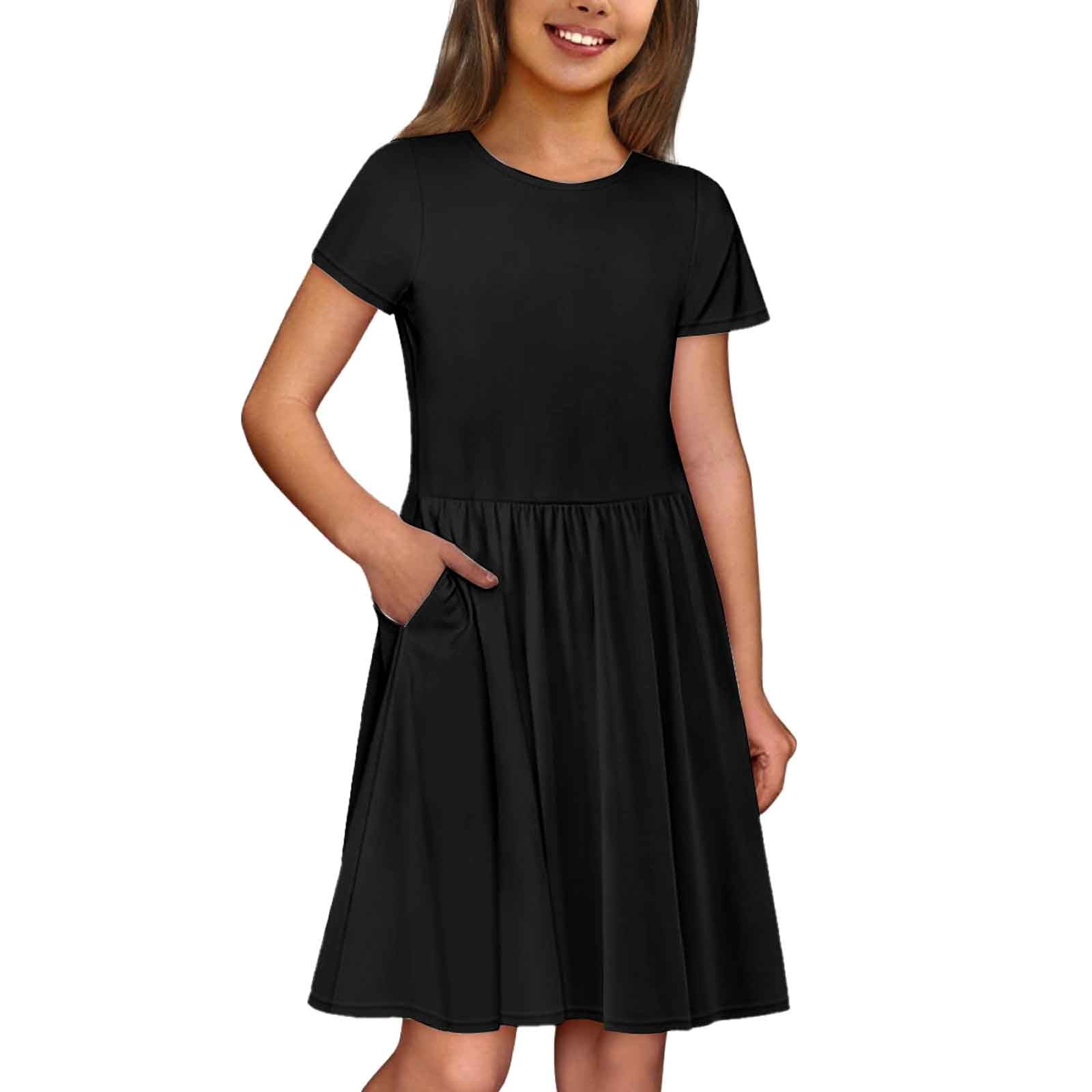 Dresses for Cute Girls Fashion Solid Round Neck Short Sleeve Casual ...