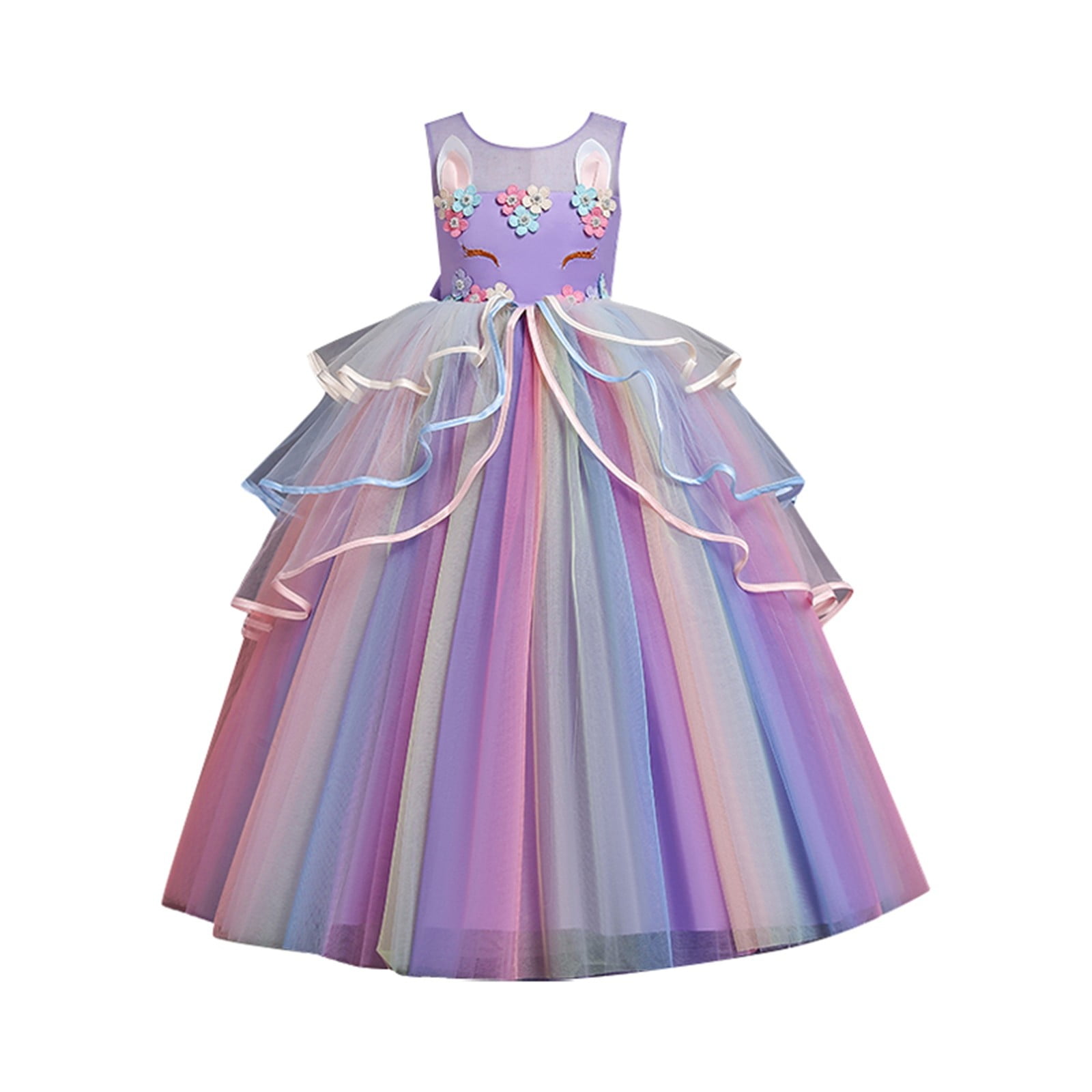 Dresses for Cute Girls Ruffle Hem Gradient Patchwork Rabbit Strap Maxi ...