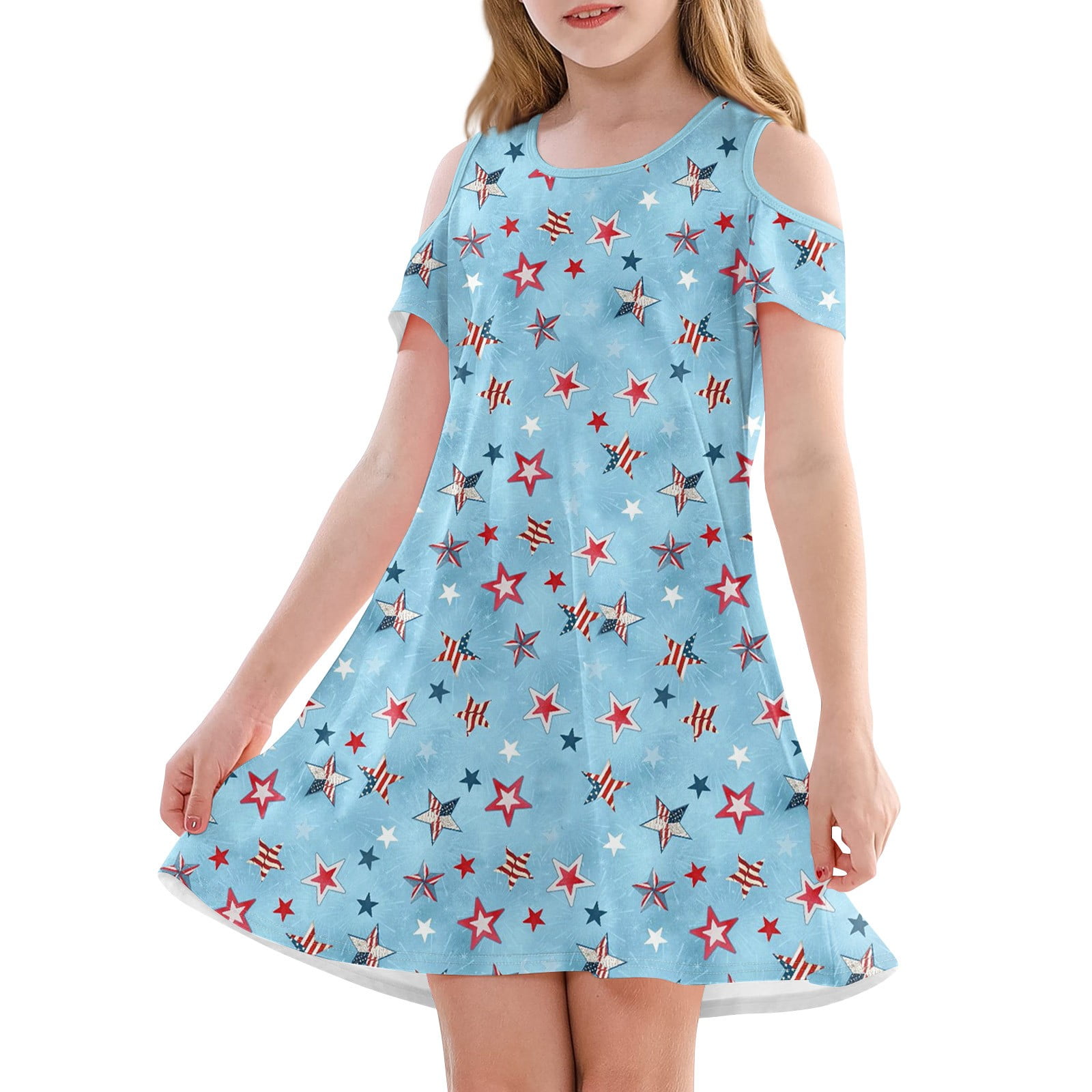 Dresses for Girls American Flag Dresses Cold Shoulder Independence Day ...