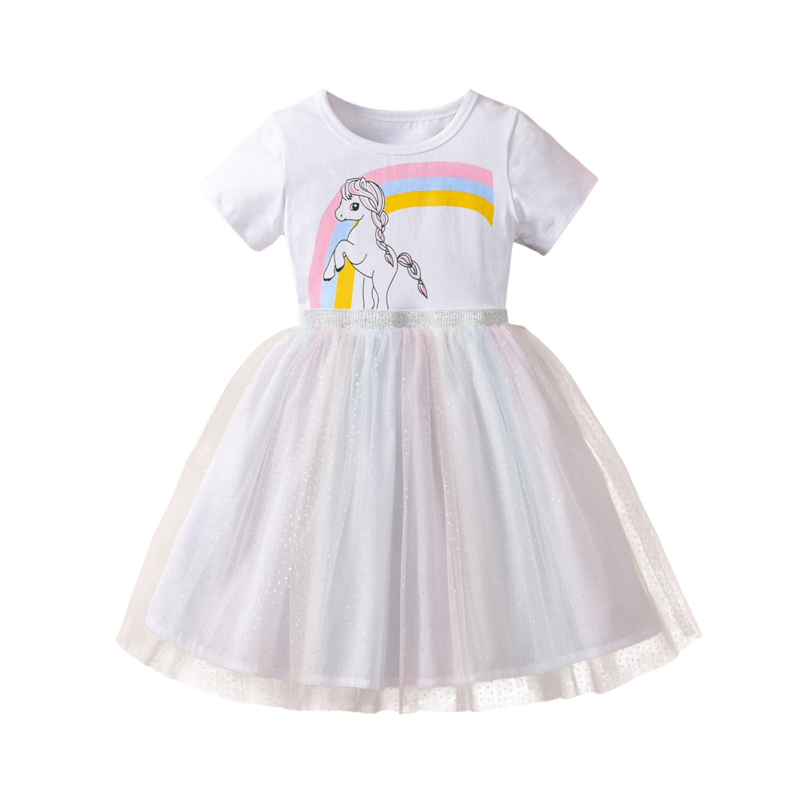 Dresses for Girls Child Kids Short Sleeve Catoon Prints Patchwork Mesh ...