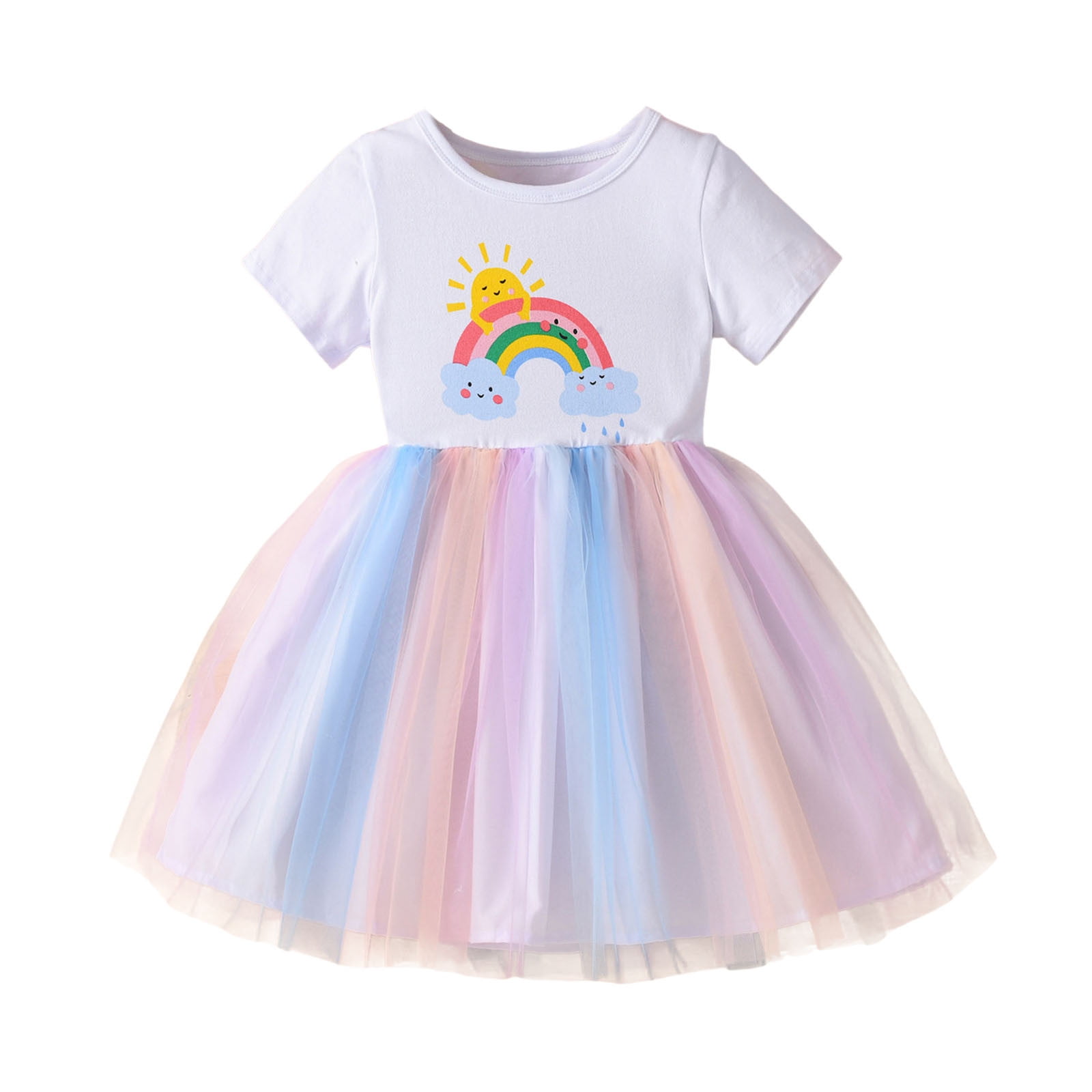 Dresses for Girls Child Kids Short Sleeve Catoon Prints Patchwork Mesh ...