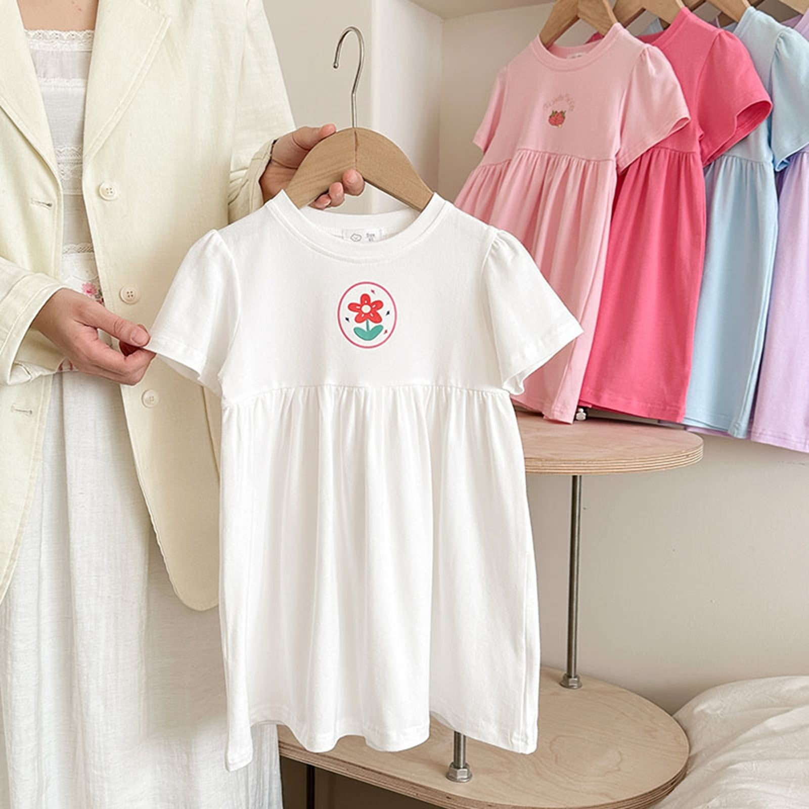 Dresses for Girls Cute Floral Print Round Neck Short Sleeve Kids ...