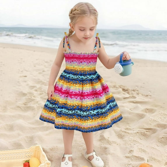 Dresses for Girls Floral Print Strappy Lightweight Adjustable Ties ...