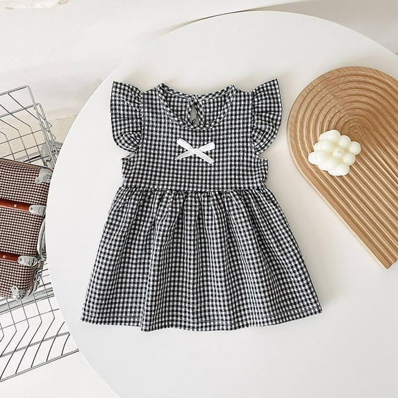 Dresses for Girls Fly Sleeve Plaid Pattern Solid Color Light Four ...