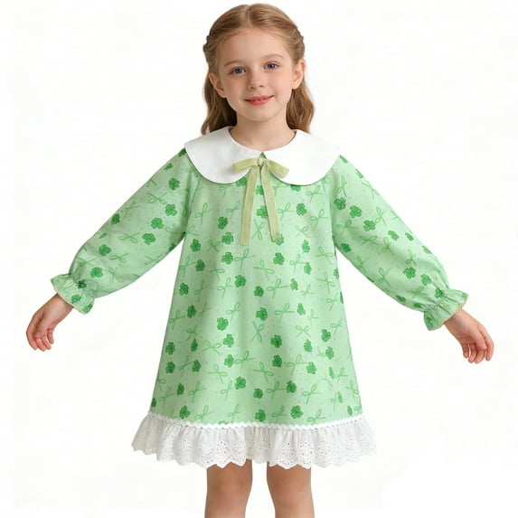 Dresses for Girls Four Leaf Print Long Sleeve Bow Detail Floral Pattern ...