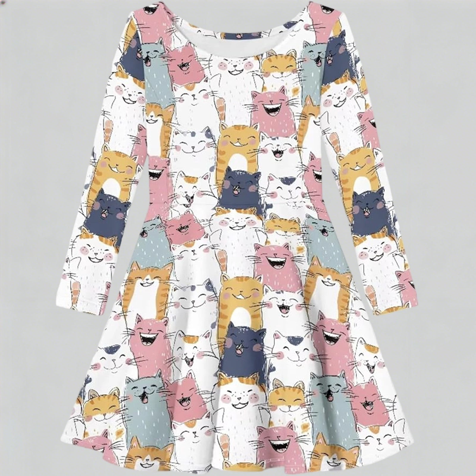 Dresses for Girls Long Sleeve Crew Neck Cartoon Print Short Dress for ...