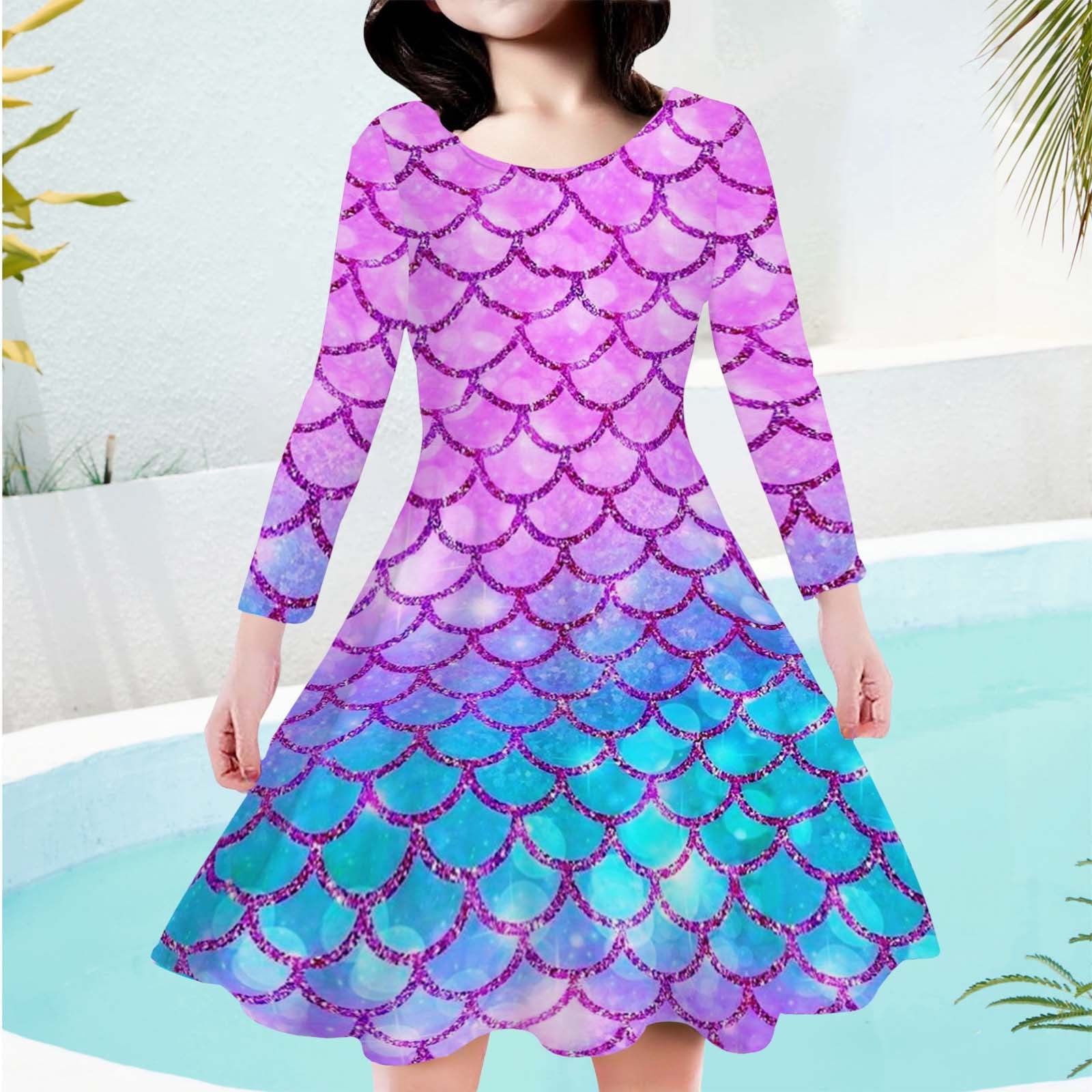 Dresses for Girls Scallop Print Long Sleeve Pattern Midi Big Kids ...
