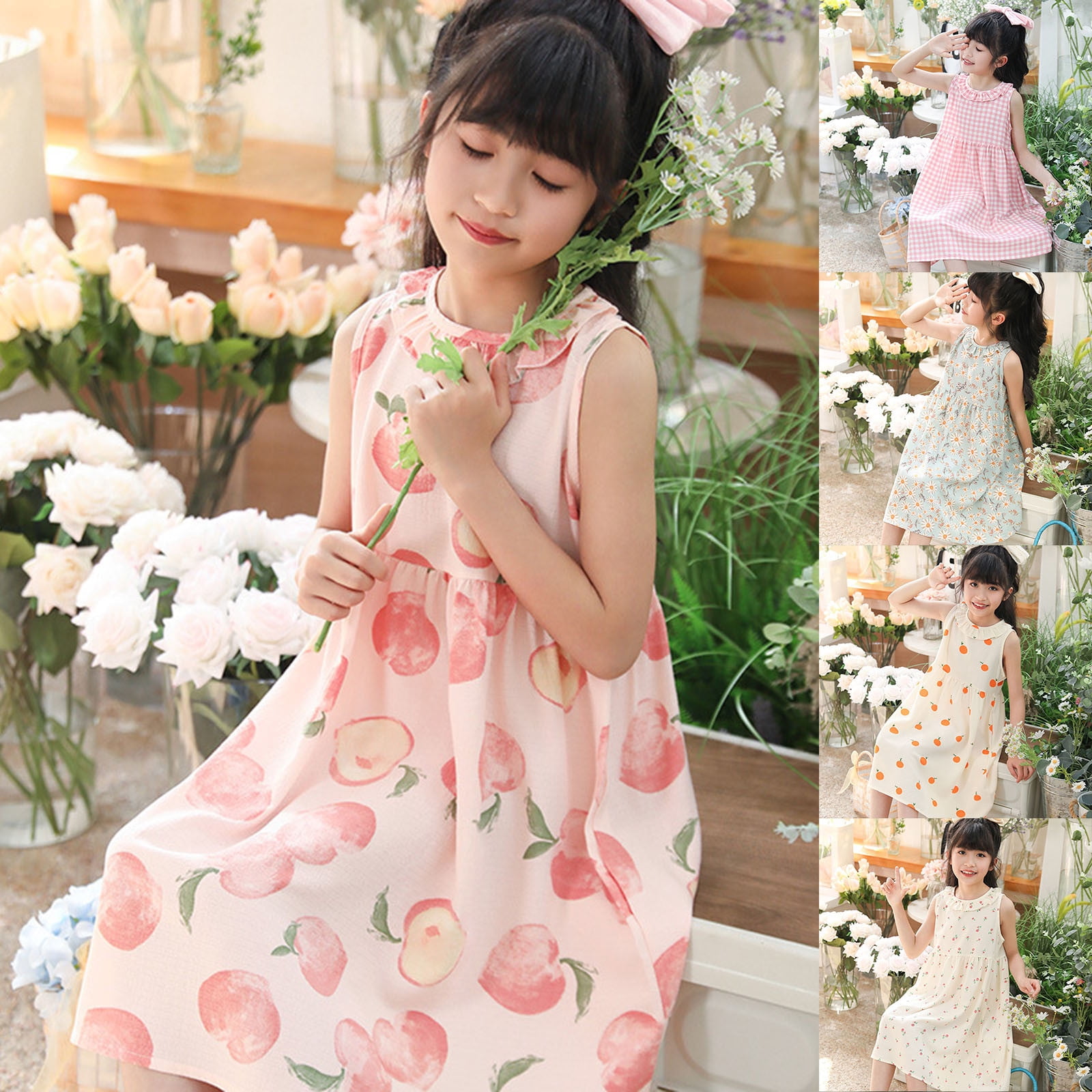 Dresses for Girls Summer Bubble Crepe Bow Collar Sweet Party Dress ...