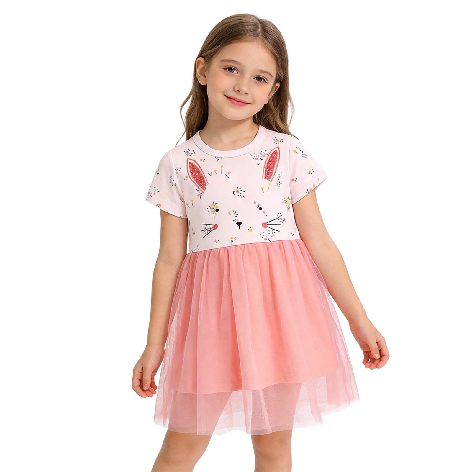 Dresses for Girls Summer Short Sleeve Gown Cartoon Bunny Floral Print ...