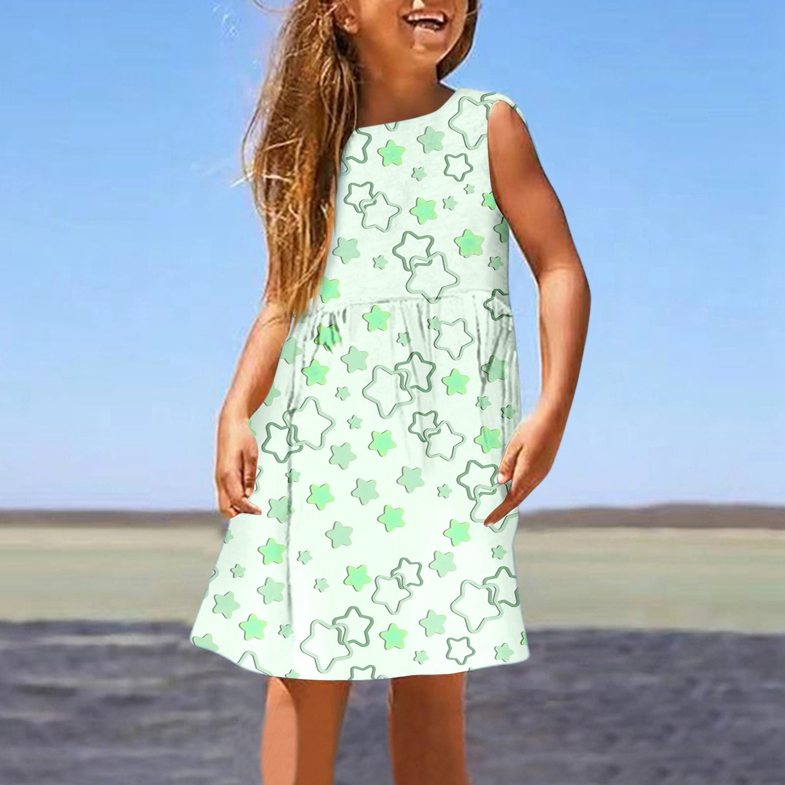 Dresses for Girls Summer Sleeveless Print A Line Elastic Neckline ...