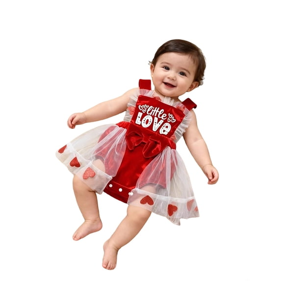 Dresses for Girls Valentine's Day Letter Print Heart Mesh Romper with ...
