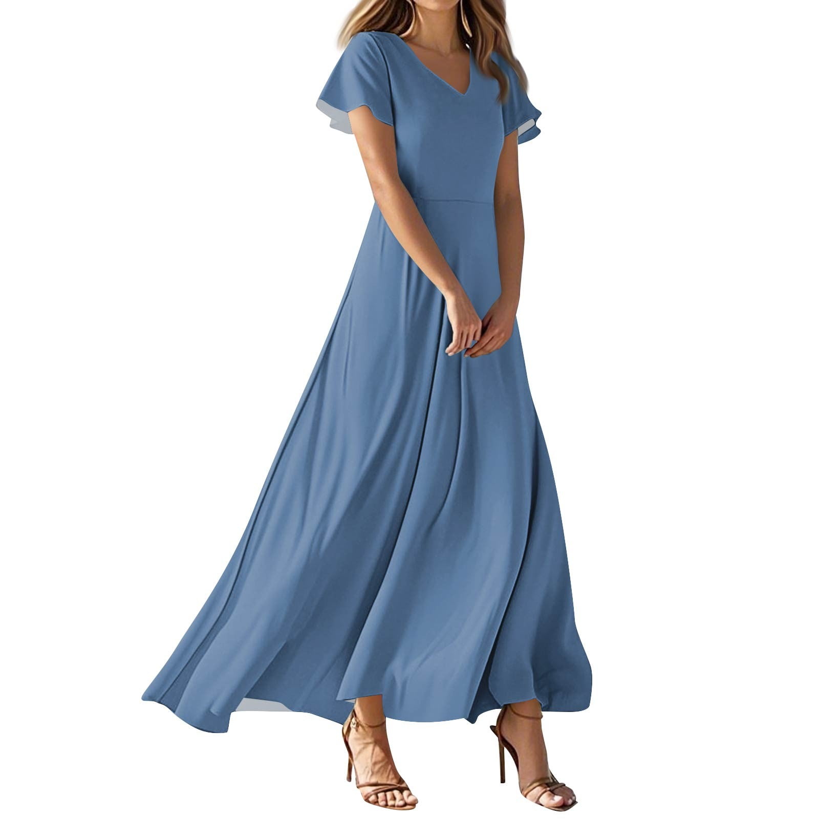 Dresses for Women 2024 Wrap V Neck Flowy Sundresses Sleeve Elegant Maxi ...