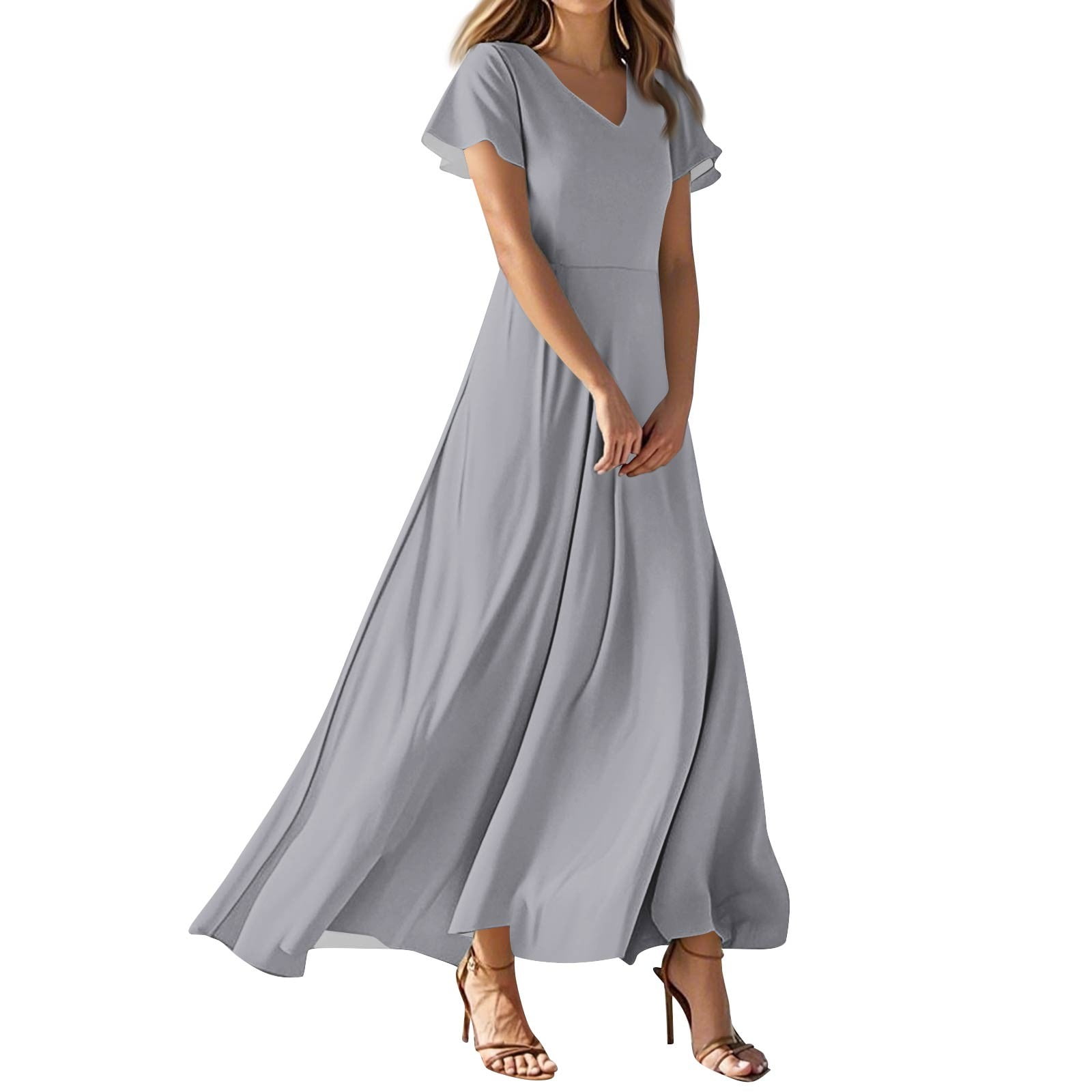 Dresses for Women 2024 Wrap V Neck Flowy Sundresses Sleeve Elegant Maxi ...