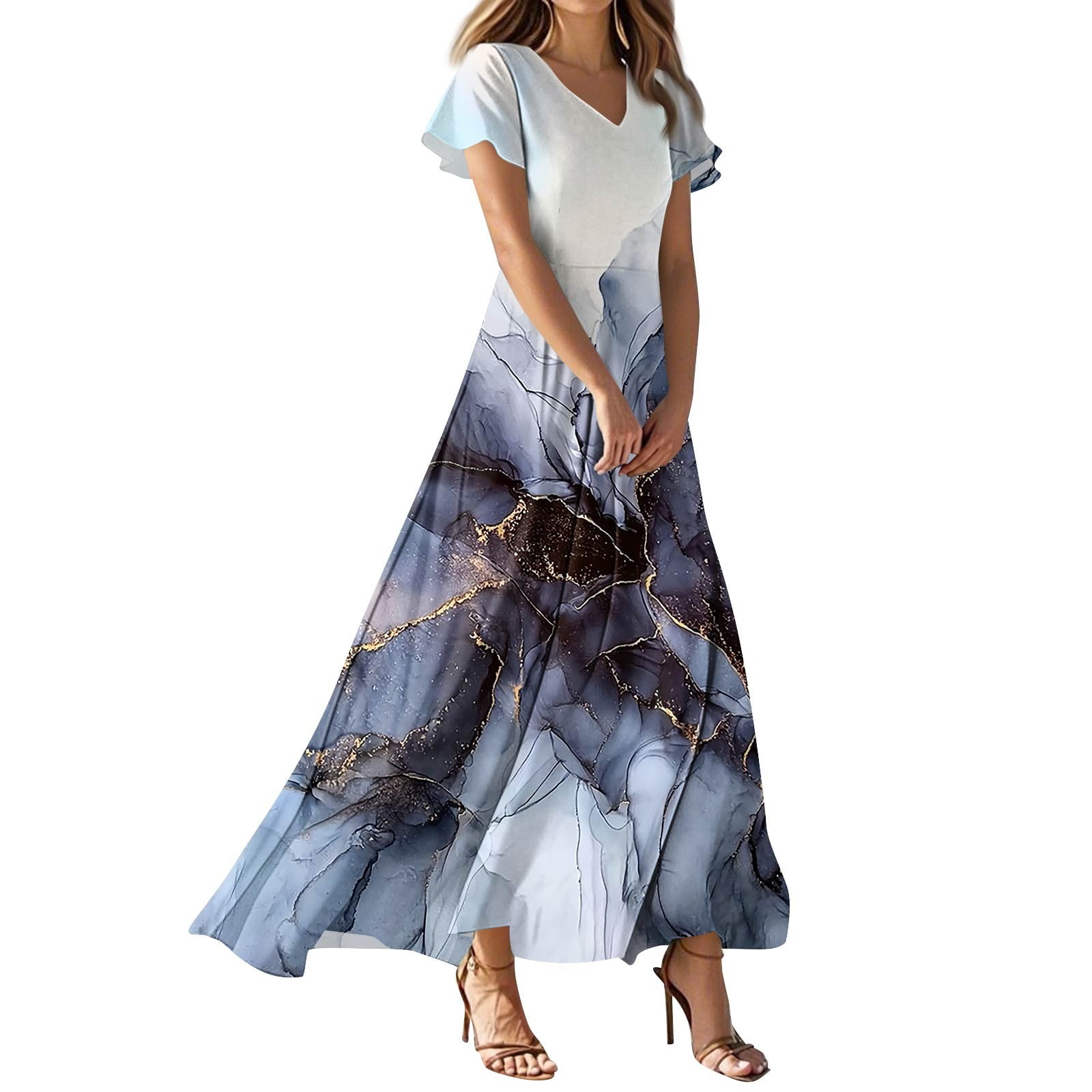 Dresses for Women 2025 Summer Short Sleeve Chiffon Floral Modest Dress ...