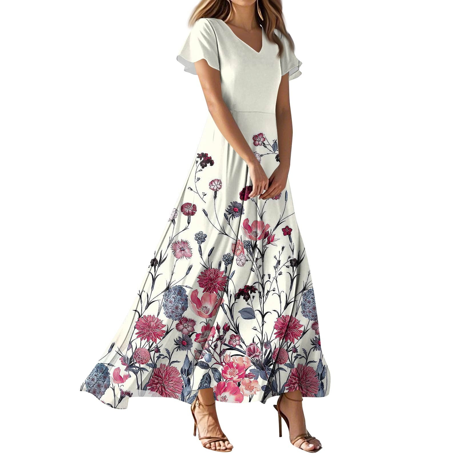 Dresses for Women 2025 Summer Short Sleeve Chiffon Floral Modest Dress ...