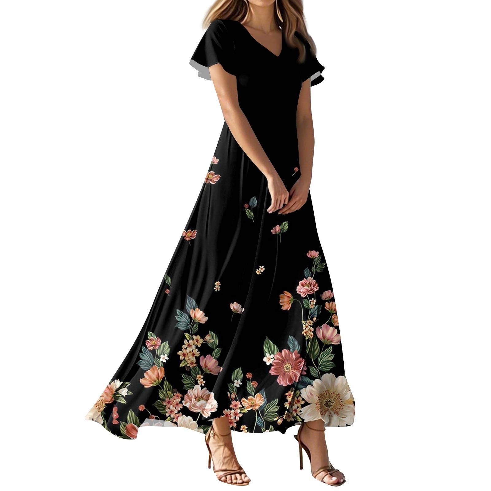Dresses for Women 2025 Summer Short Sleeve Chiffon Floral Modest Dress ...