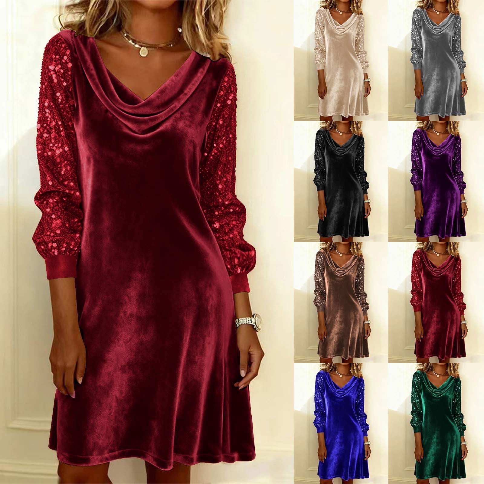 Dresses for Women 2026 Casual Spring Solid Color Splicing Sequin Long ...