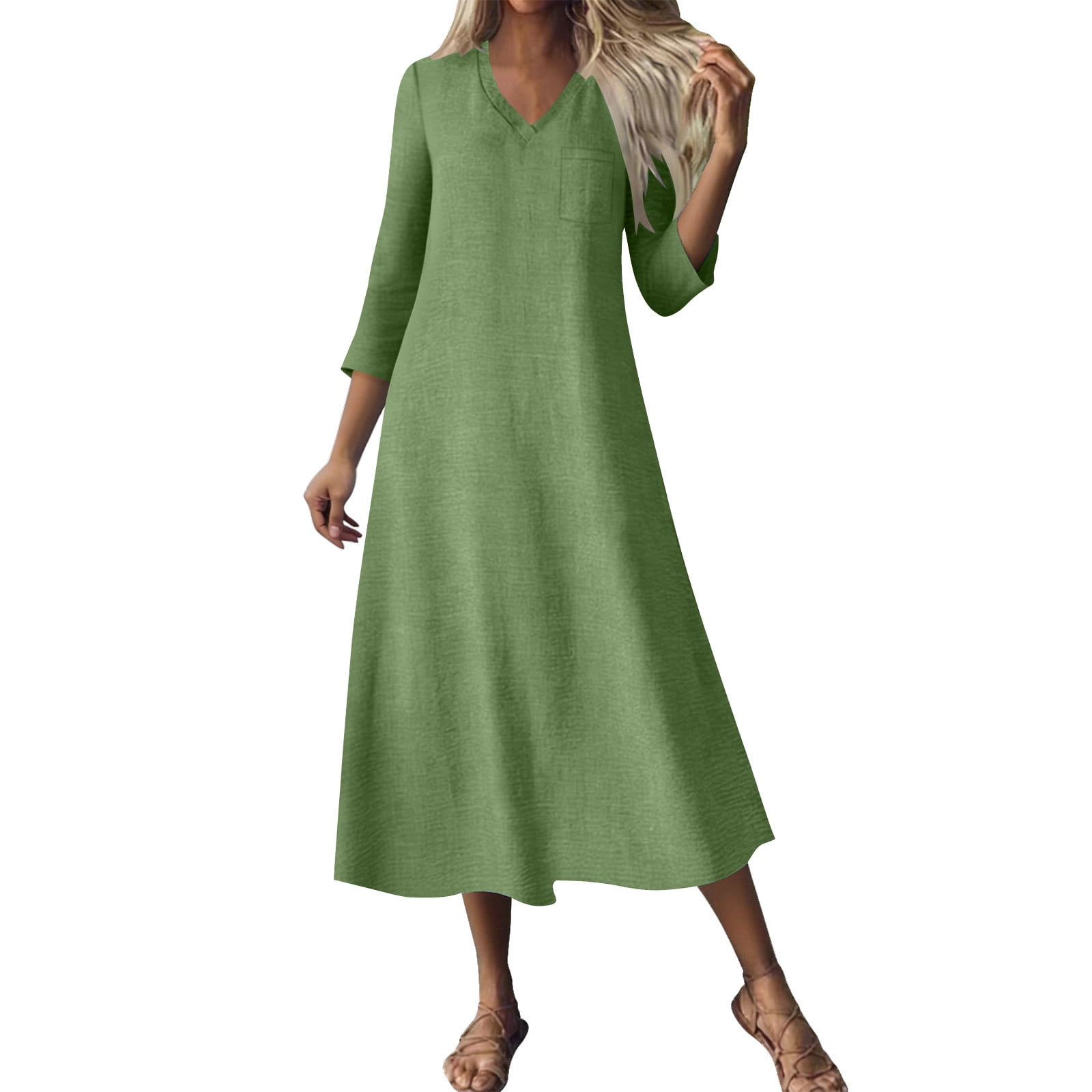 Dresses for Women 2026 Casual Spring V-Neck Solid-Color Three-Quarter ...
