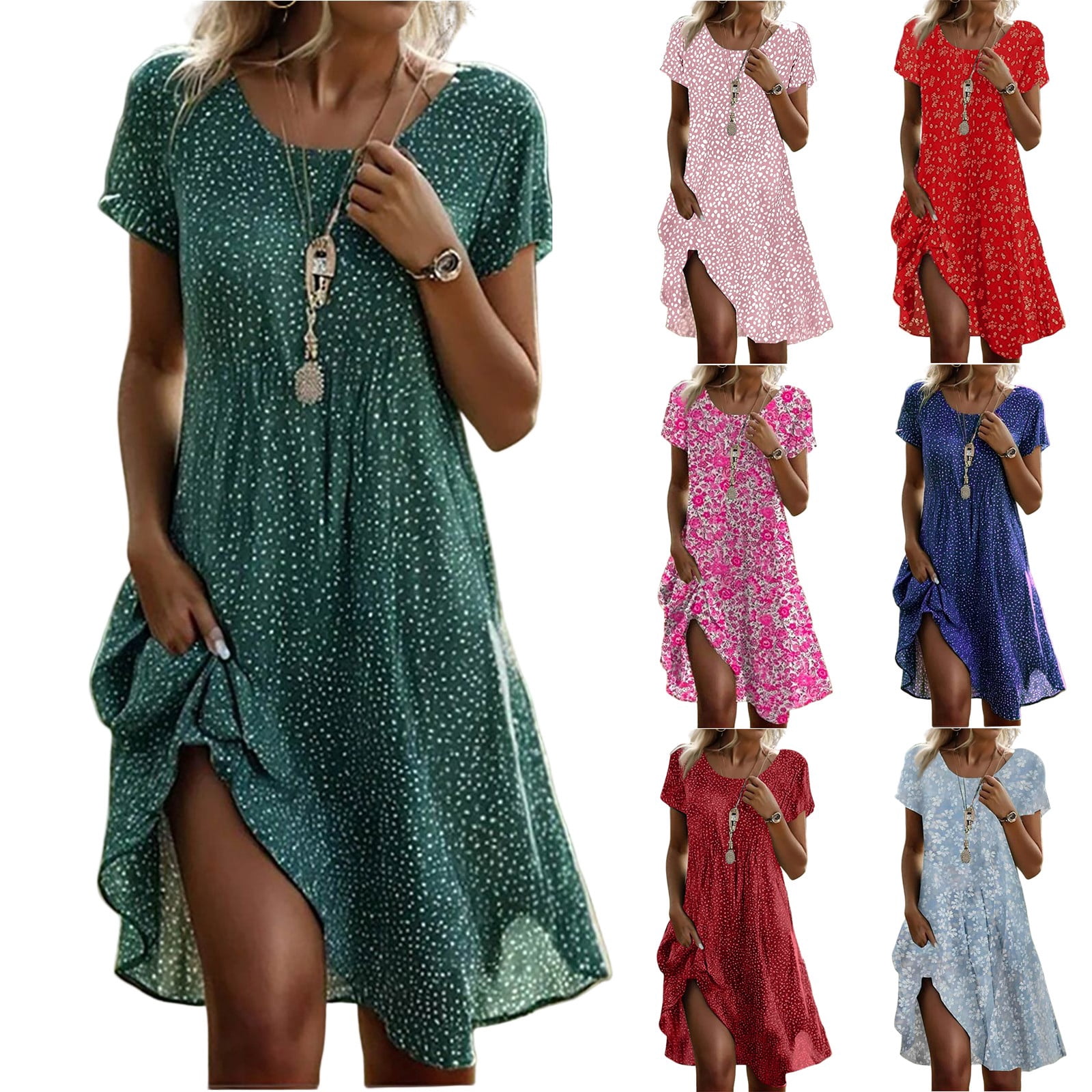 Dresses for Women 2026 Polka Dot Dress Crew Neck Lapel Midi Length ...