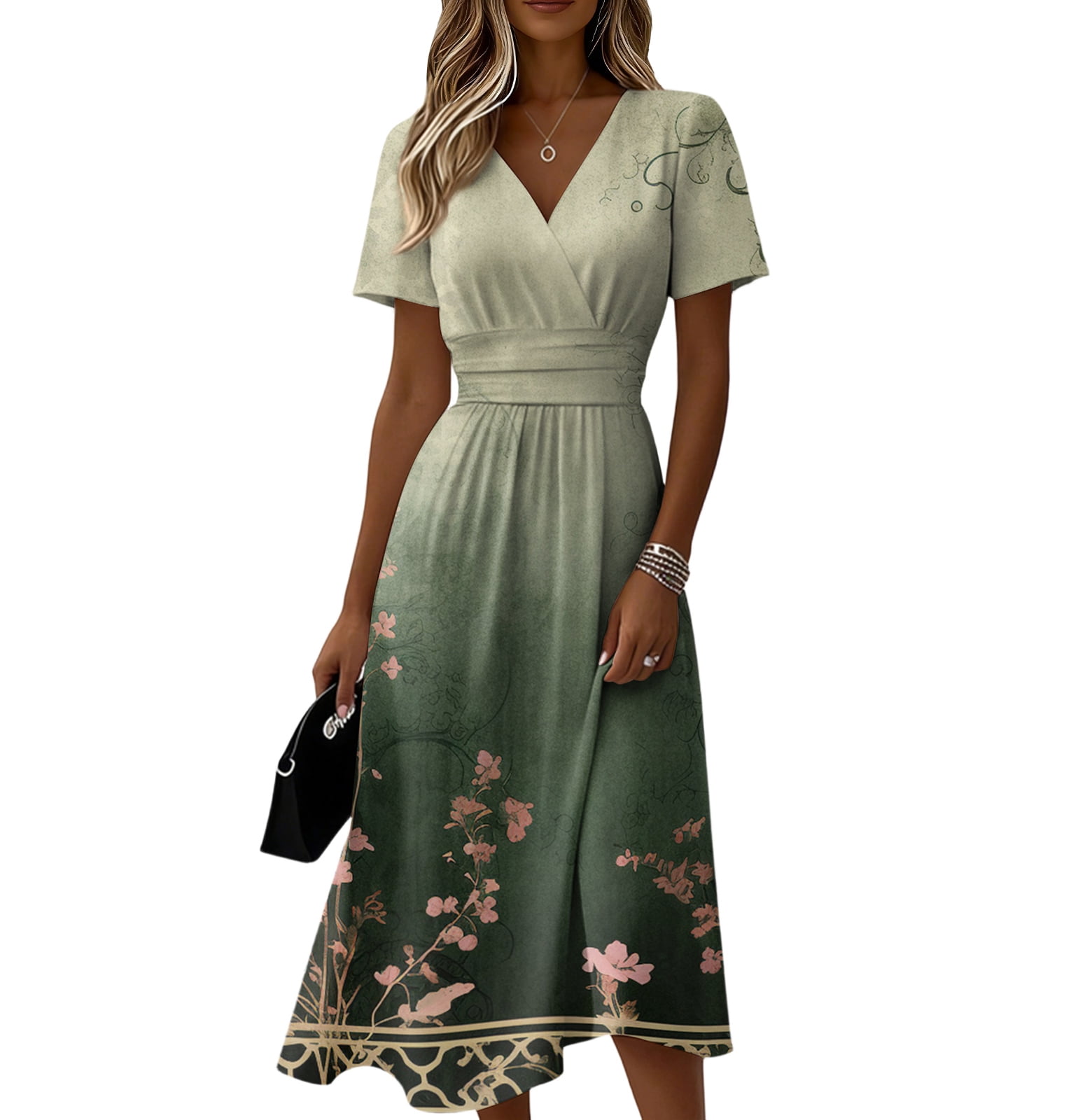 Dresses for Women 2026 V-Neck A-Line Short Sleeve Floral Print Midi ...