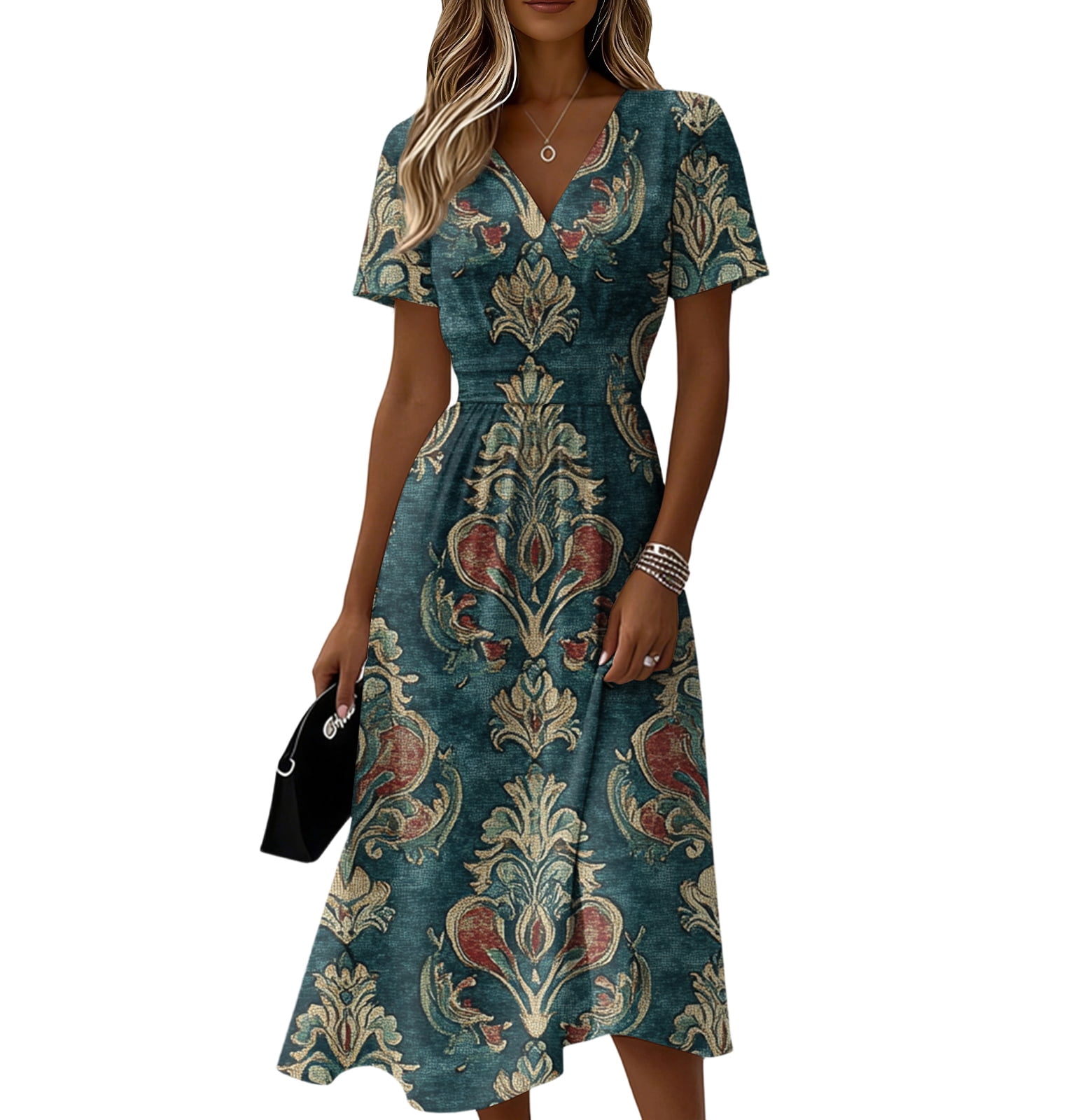 Dresses for Women 2026 V-Neck A-Line Short Sleeve Floral Print Midi ...